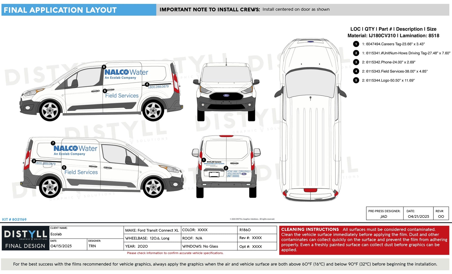 Ecolab, Nalco, Legacy Kit, Ford, Transit Connect, 120WB, 2020 – Distyll